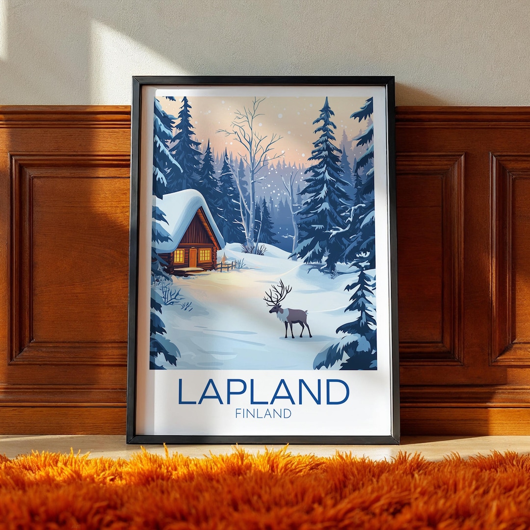 Lapland Travel Poster: Nordic Winter Cabin Illustration Art - Etsy