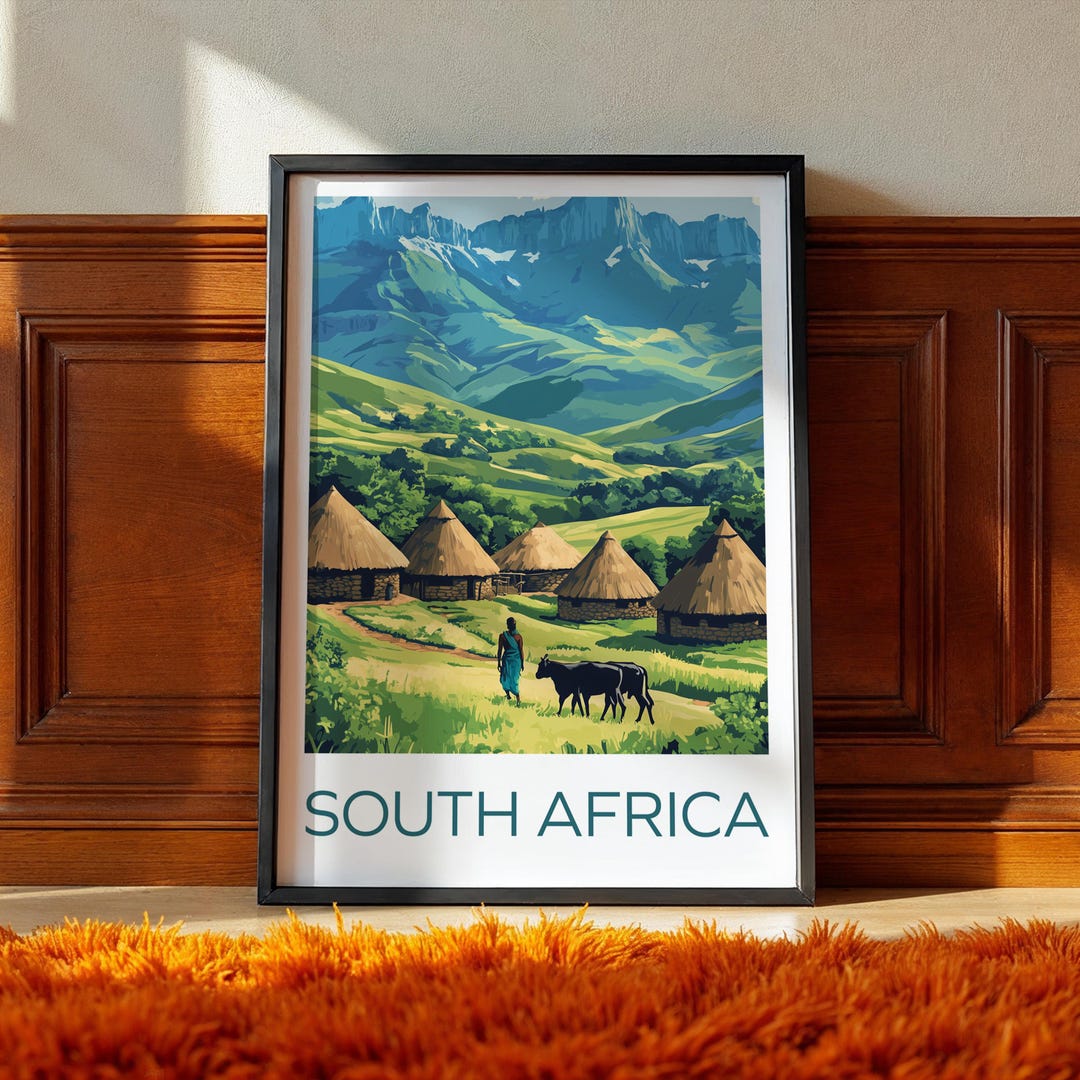South Africa Travel Poster: Drakensberg Mountains & Zulu Village ...