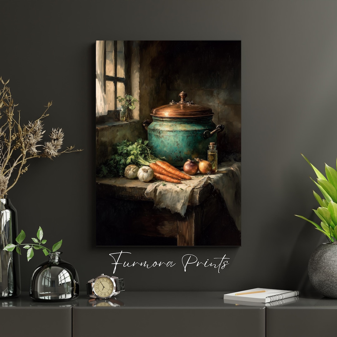 Antique Copper Pot Still Life Art, Moody Kitchen Wall Art, Rustic ...