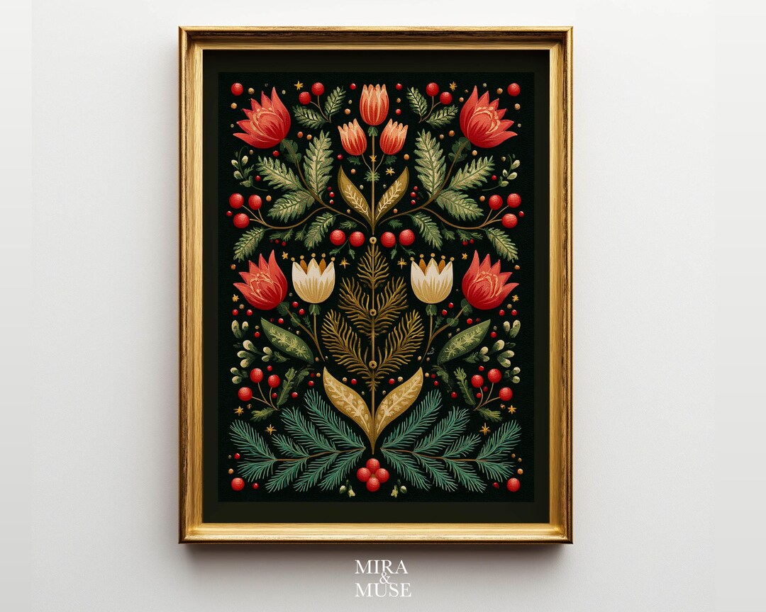 Cottagecore Holiday Botanical Poster | Folk Style Wall Art | Ornamental ...