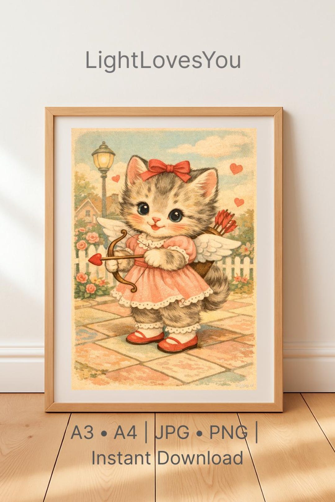 Vintage Cupid Kitten Art Print, Retro Valentines Day Decor, Cute Cat ...