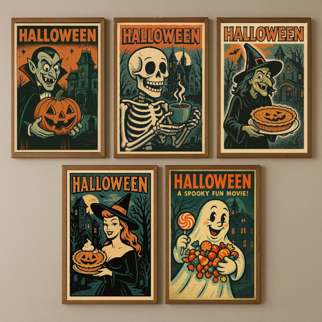 Vintage Halloween Poster Set of 5, Retro Horror Movie Art Bundle ...