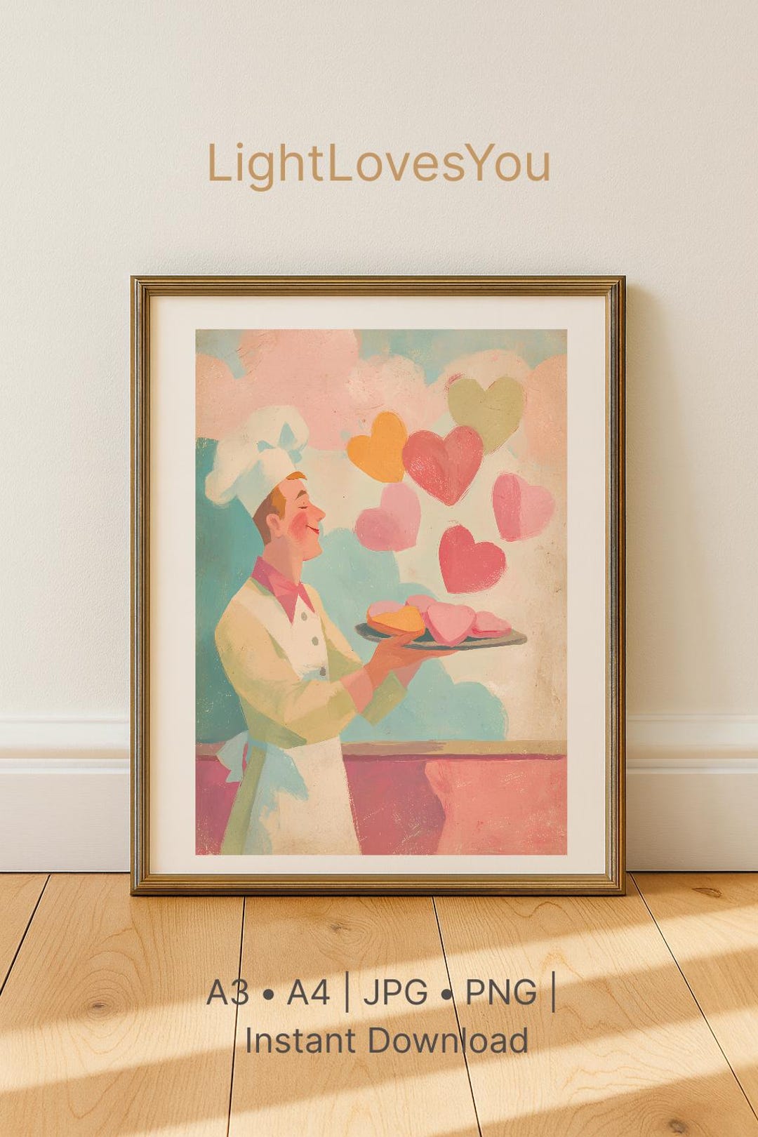 Retro Valentine Chef Poster, Mid Century Kitchen Wall Art, Cute Bakery ...