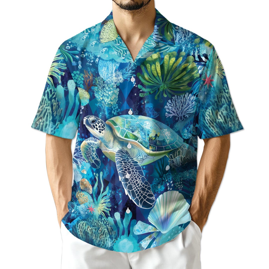 Sea Turtle Hawaiian Shirt, Coral Reef Aloha, Ocean Button Down - Etsy