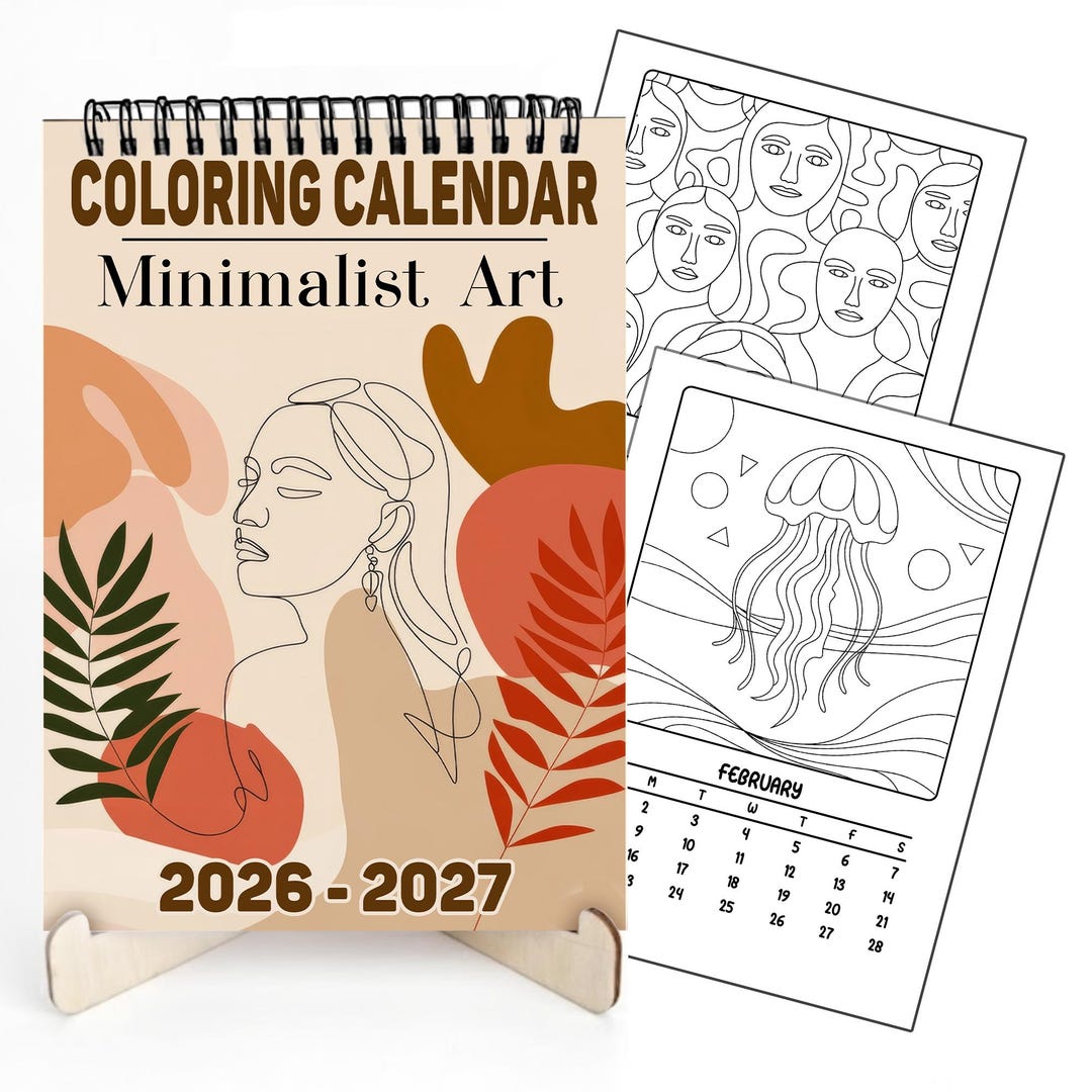 Minimalist Art Coloring Desk Calendar 2026-2027 – A5 Wooden Stand ...