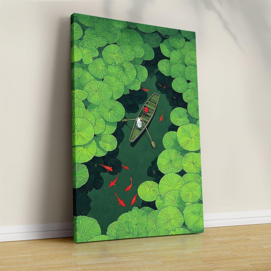 Koi Pond Wall Art, Japanese Zen Boat Scene, Lotus Lake Canvas Print - Etsy