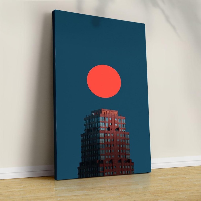 Arte minimalista do edifício Red Sun, impressão em tela de arquitetura ...