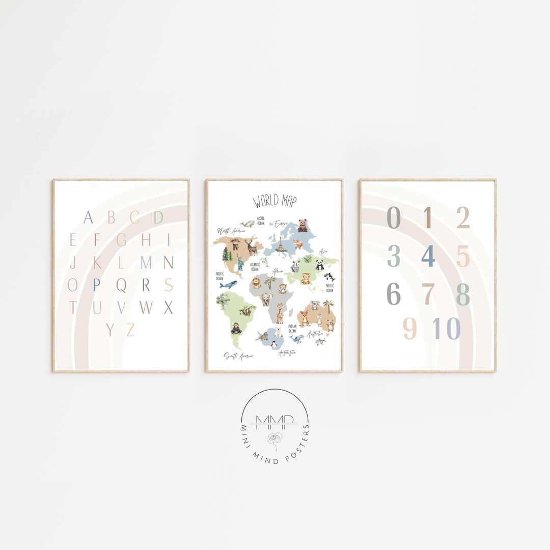 World Map ABC 123 Print Set, Kids Nursery Decor (digital Download) - Etsy