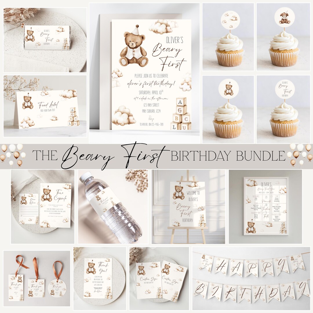 Beary 1st Birthday Bundle: Teddy Bear Bundle, Editable Templates ...
