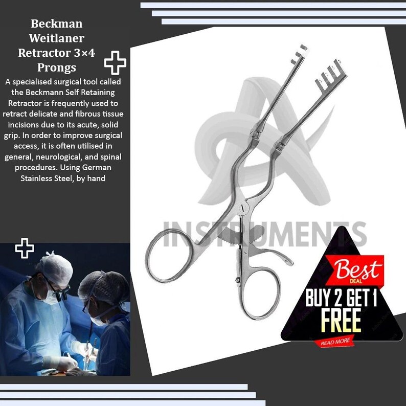 Beckman Weitlaner Retractor | 3x4 Prongs Stainless Steel Surgical ...