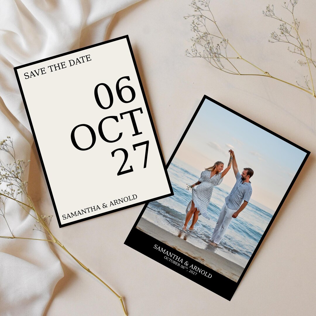 Contemporary Minimal Save the Date | Black & Ivory | Photo Backside ...
