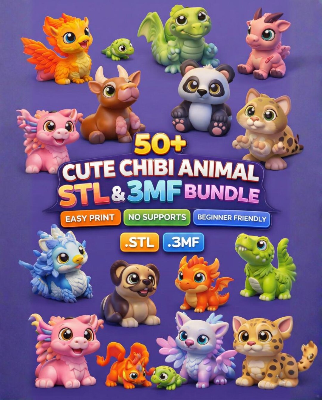 50+ Cute Chibi Animal STL & 3MF Bundle | Easy Print 3D Models | No ...