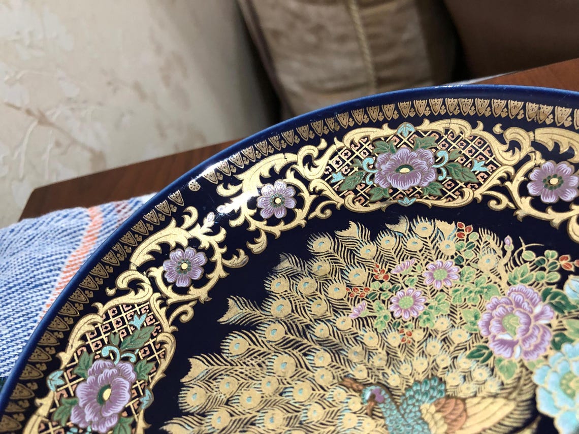 Vintage Moroccan Taous Porcelain Plates: Cobalt Blue Peacock Design ...