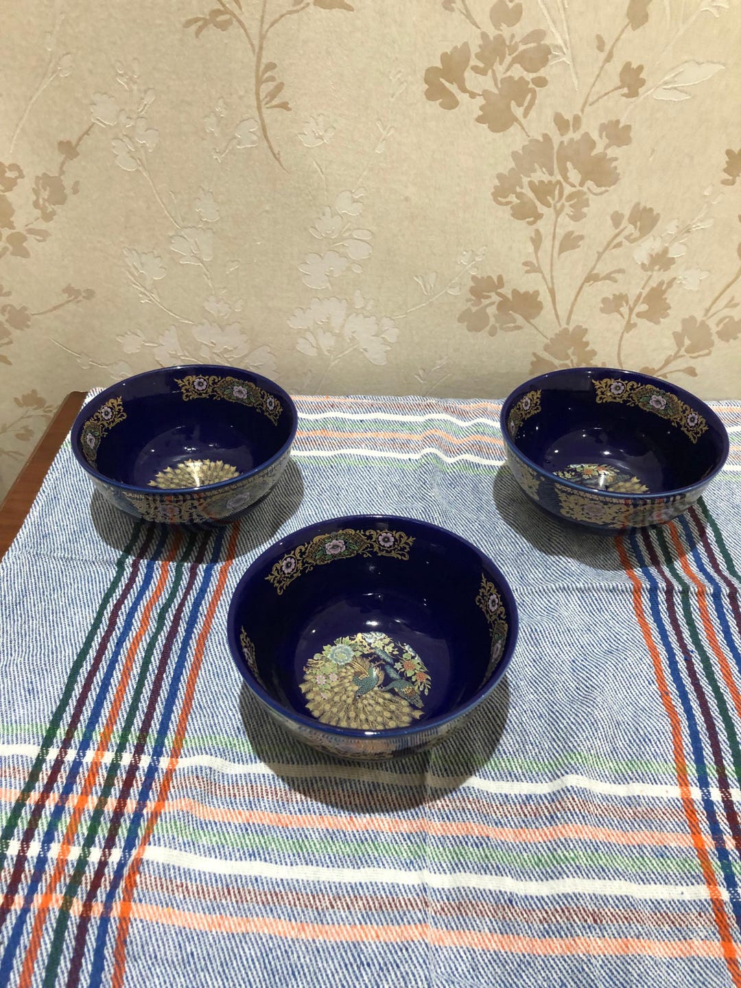 Vintage Moroccan Taous Cobalt Blue Porcelain Bowls: Peacock & Floral ...