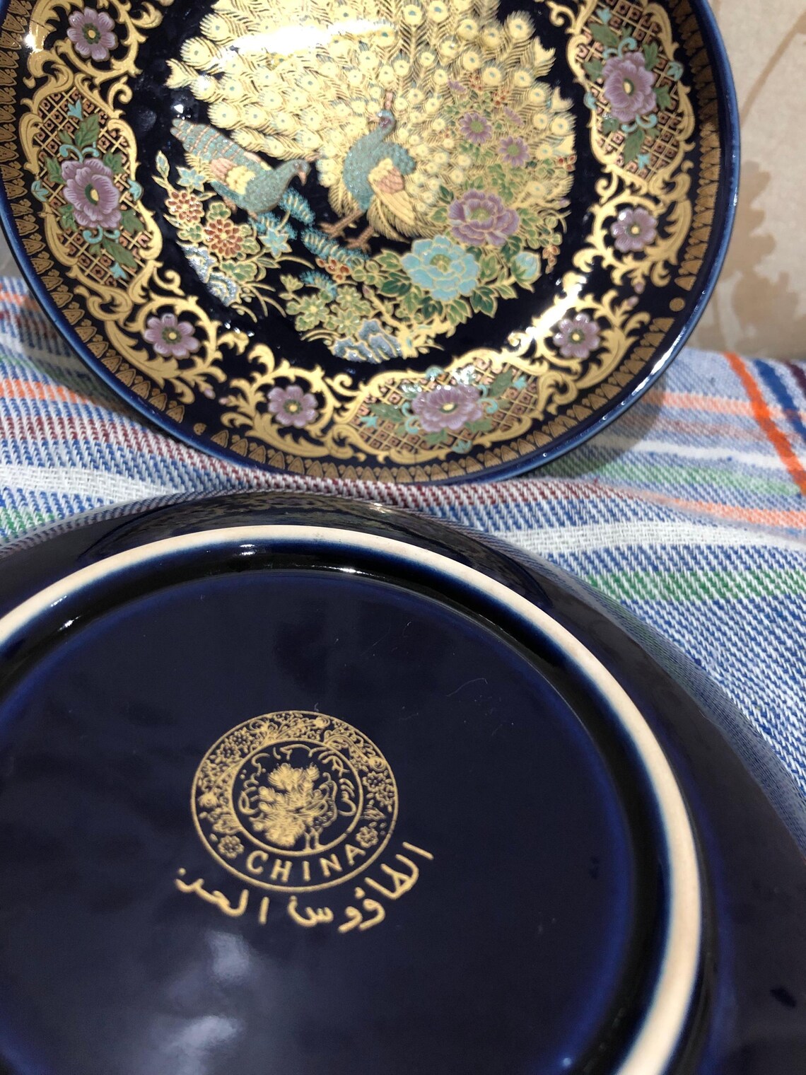 Vintage Moroccan Taous Porcelain Plates: Cobalt Blue Peacock Design ...