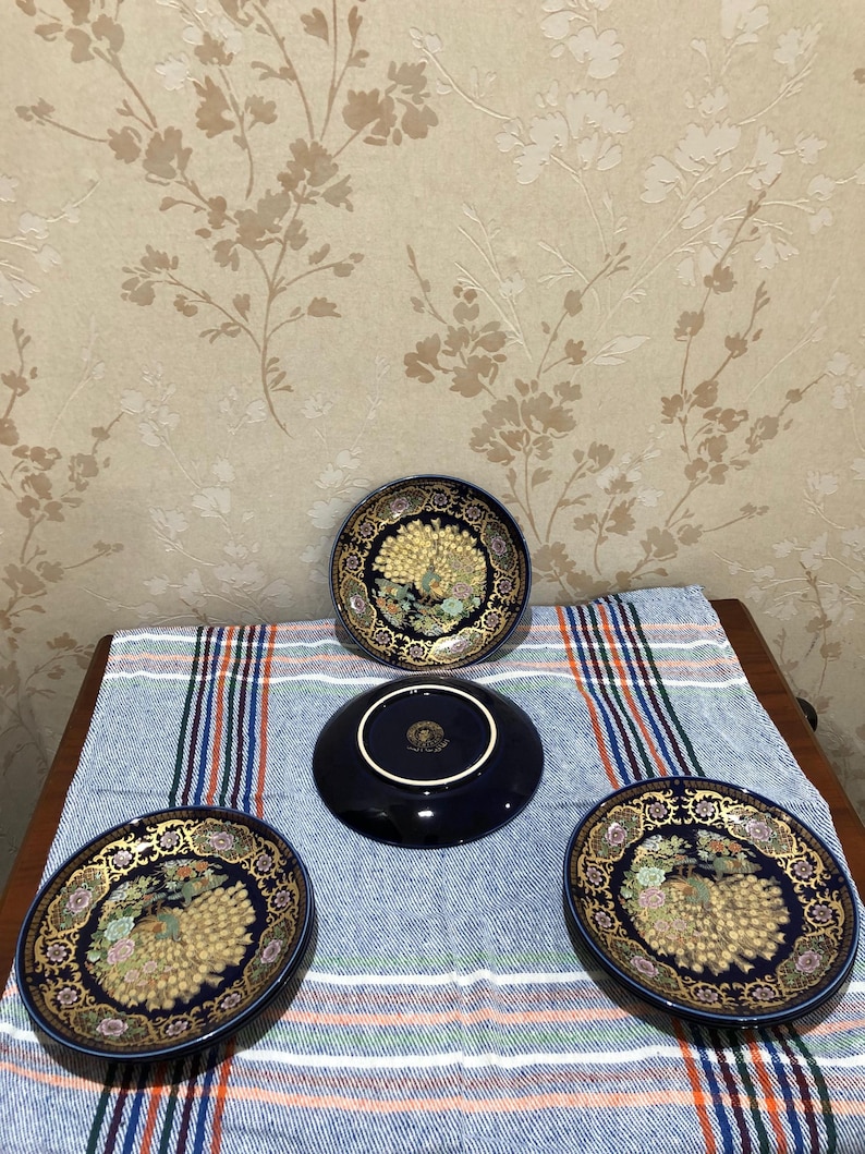 Vintage Moroccan Taous Porcelain Plates: Cobalt Blue Peacock Design ...