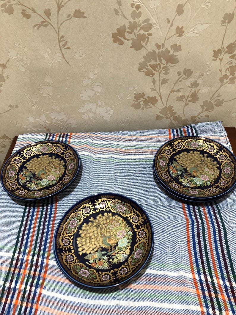 Vintage Moroccan Taous Porcelain Plates: Cobalt Blue Peacock Design ...