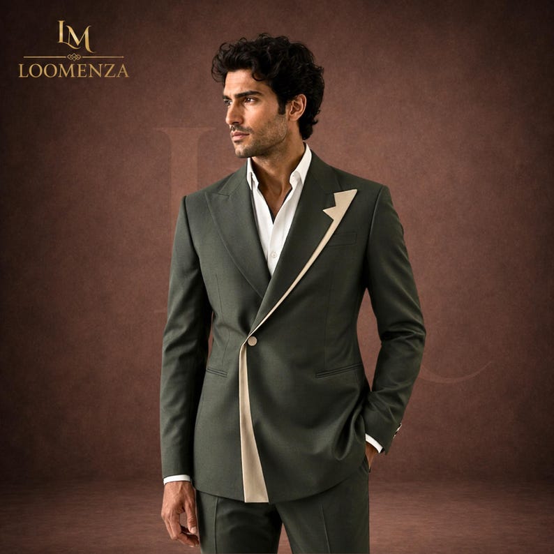 Men's Olive Green Designer Suit, Asymmetrical Contrast Lapel, Custom ...