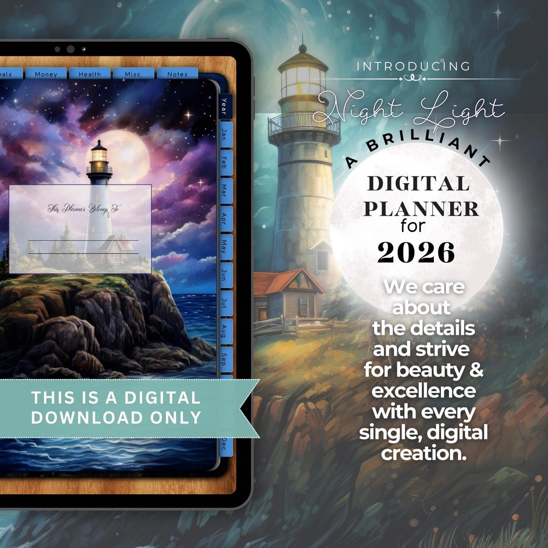 2026 Night Lighthouse Digital Planner: Goals, Health, Finance Trackers ...