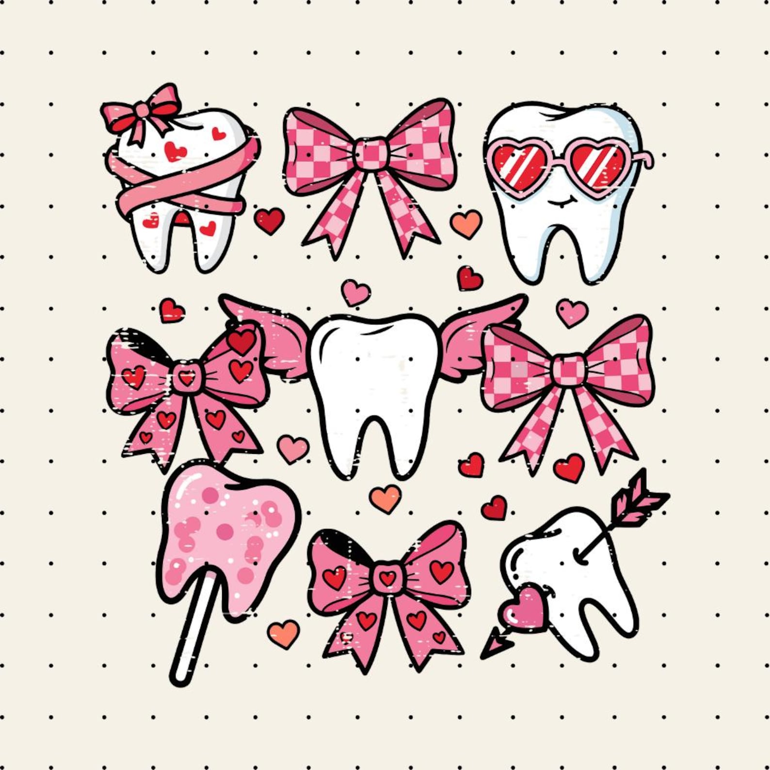 Cute Tooth Valentine PNG | Dental Love Clipart Set | Pink Bow Teeth ...