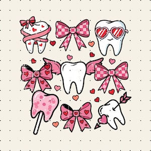 Cute Tooth Valentine PNG | Dental Love Clipart Set | Pink Bow Teeth ...