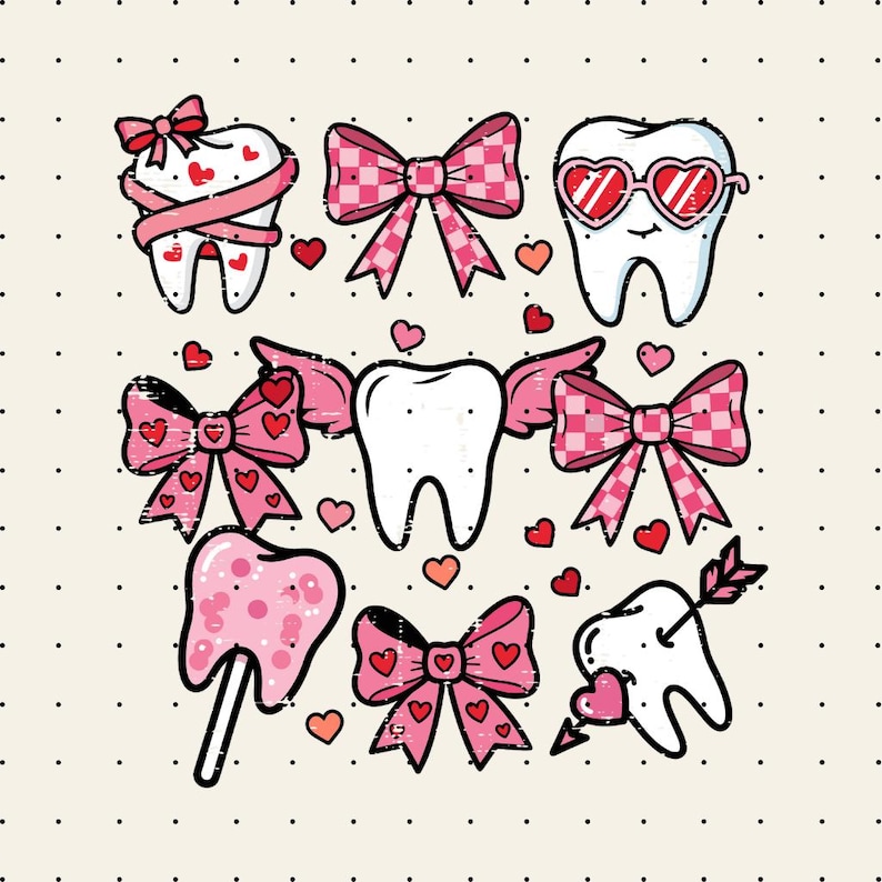 Cute Tooth Valentine PNG | Dental Love Clipart Set | Pink Bow Teeth ...