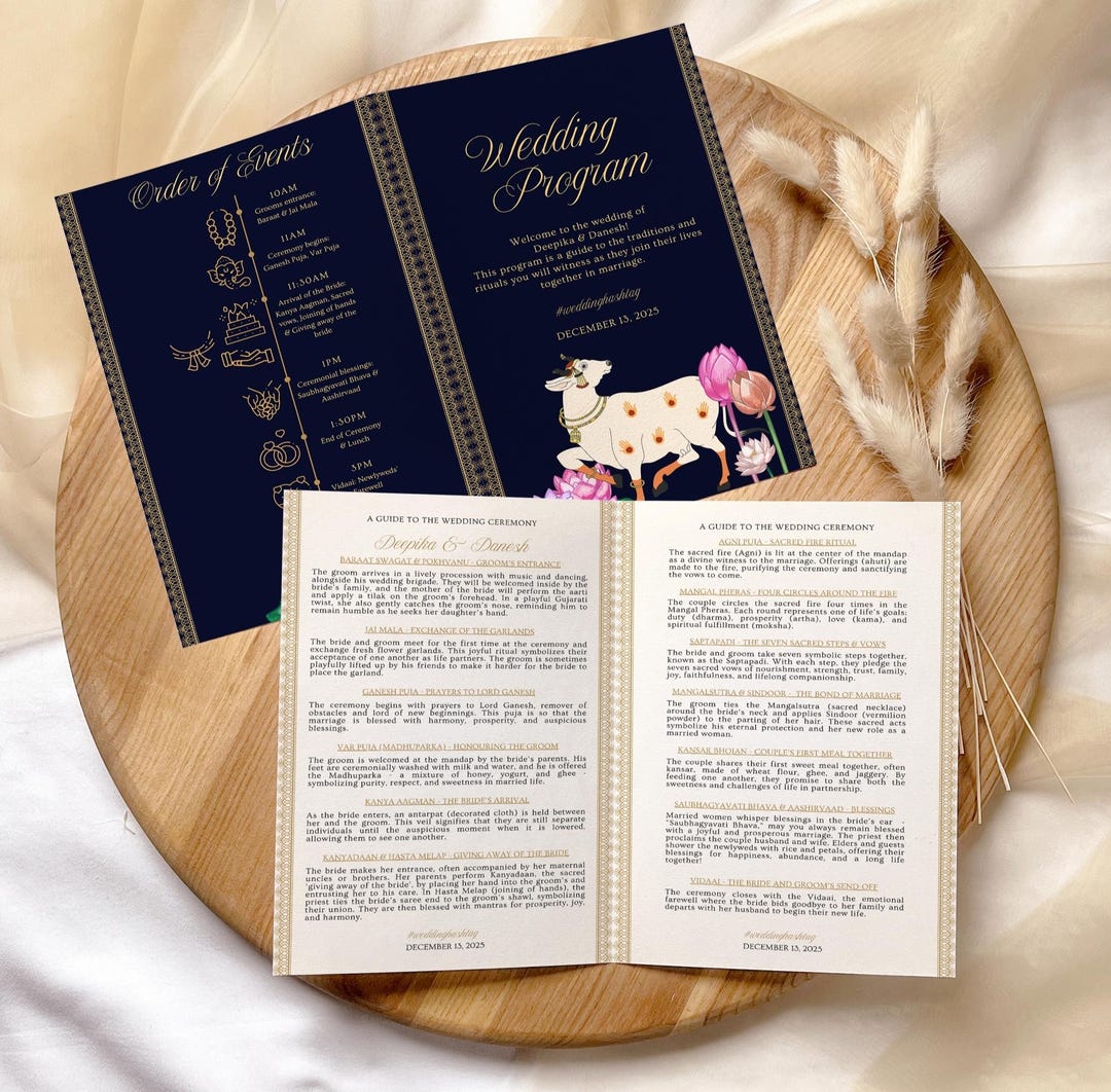 Pichwai Art Indian Wedding Program With Hindu Ceremony Guide and ...