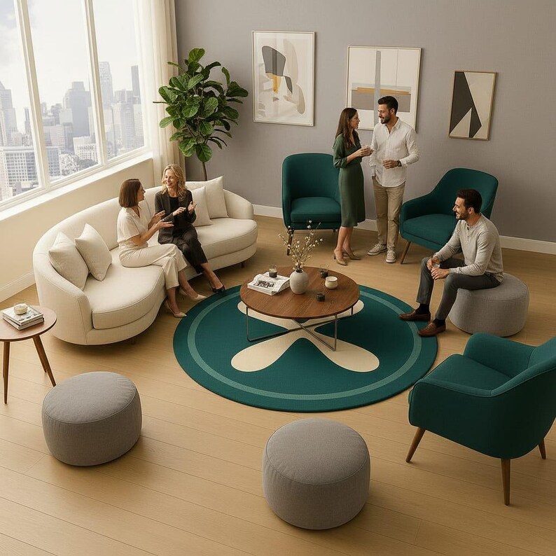 Modern Round Hand-tufted Wool Rug – Dark Green & Cream Floral Geometric ...