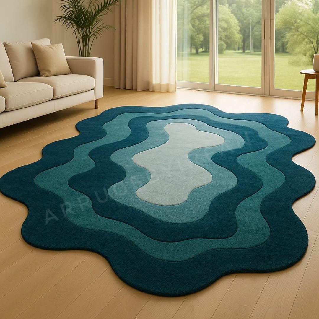 Modern Blue Wave Rug | Hand Tufted Ocean Ripple Wool Carpet - Etsy