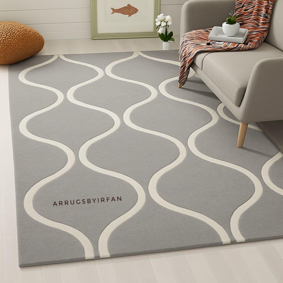 Grey Wavy Line Area Rug: Hand-tufted Abstract Carpet - Etsy