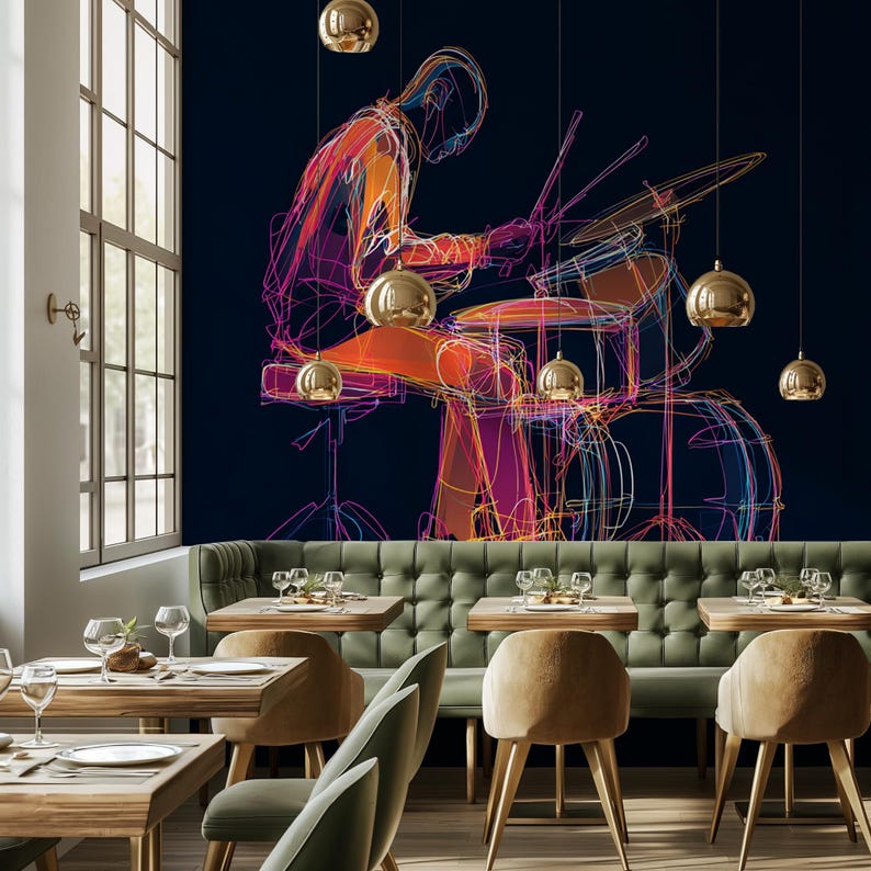 Neon Abstract Drummer Wallpaper Glowing Sketch Music Mural Expressive ...