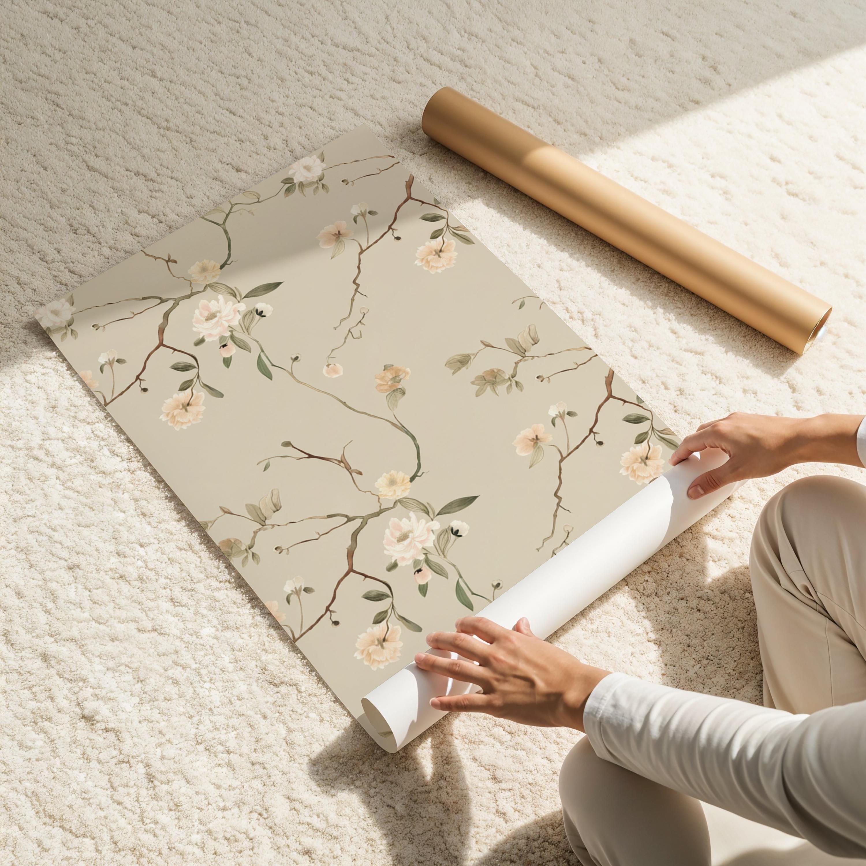 Paper Floral Flower Wallpaper, Soft Colors Beige Mural, Oversized or ...