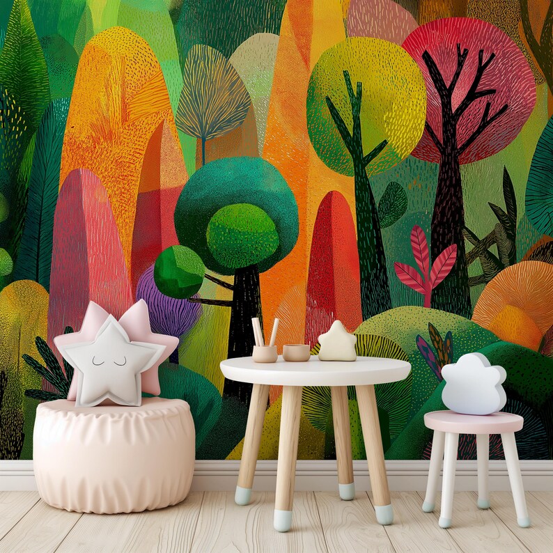 Colorful Textured Fantasy Forest Wall Mural, Lush Green Hills, Vibrant ...