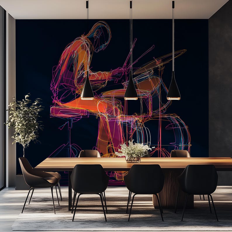 Neon Abstract Drummer Wallpaper Glowing Sketch Music Mural Expressive ...