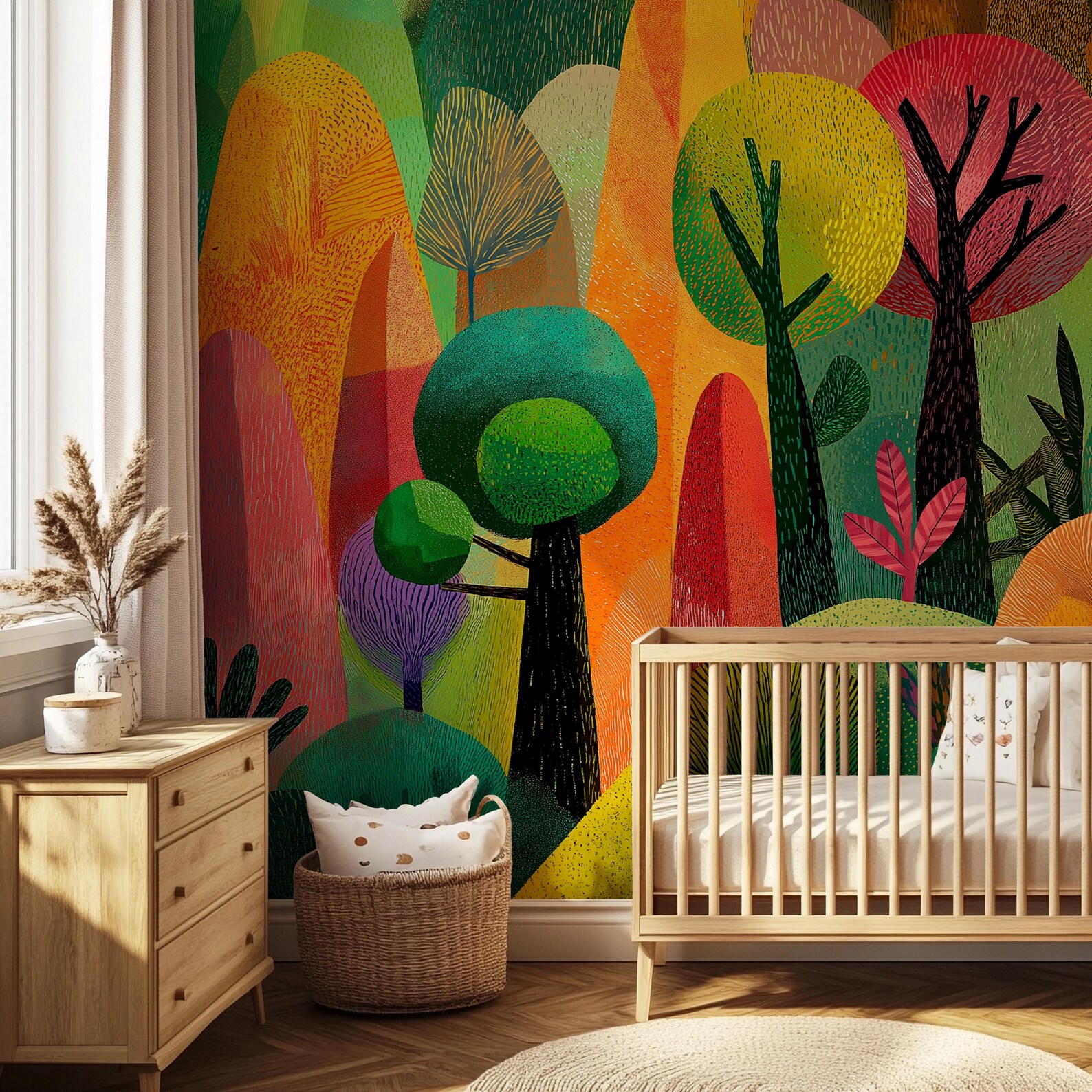 Colorful Textured Fantasy Forest Wall Mural, Lush Green Hills, Vibrant ...