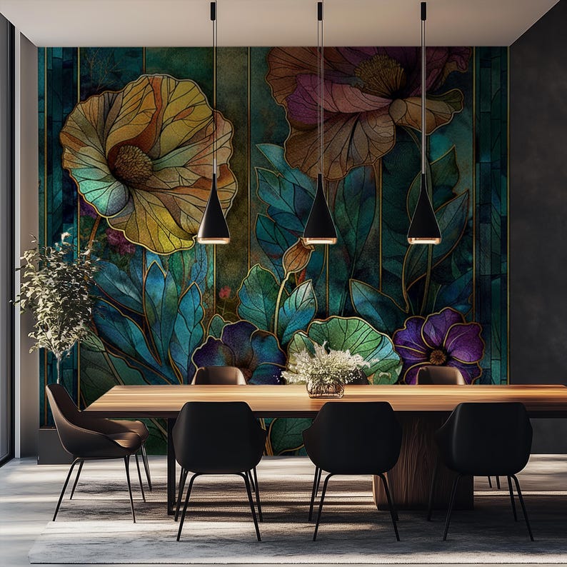 Custom Size Stained Glass Botanical Wall Mural, Blue Green Purple ...