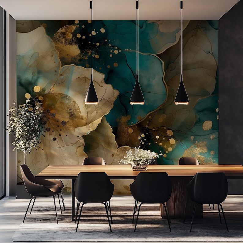 Teal Gold Abstract Floral Wallpaper Mural Botanical Watercolor Wall Art ...
