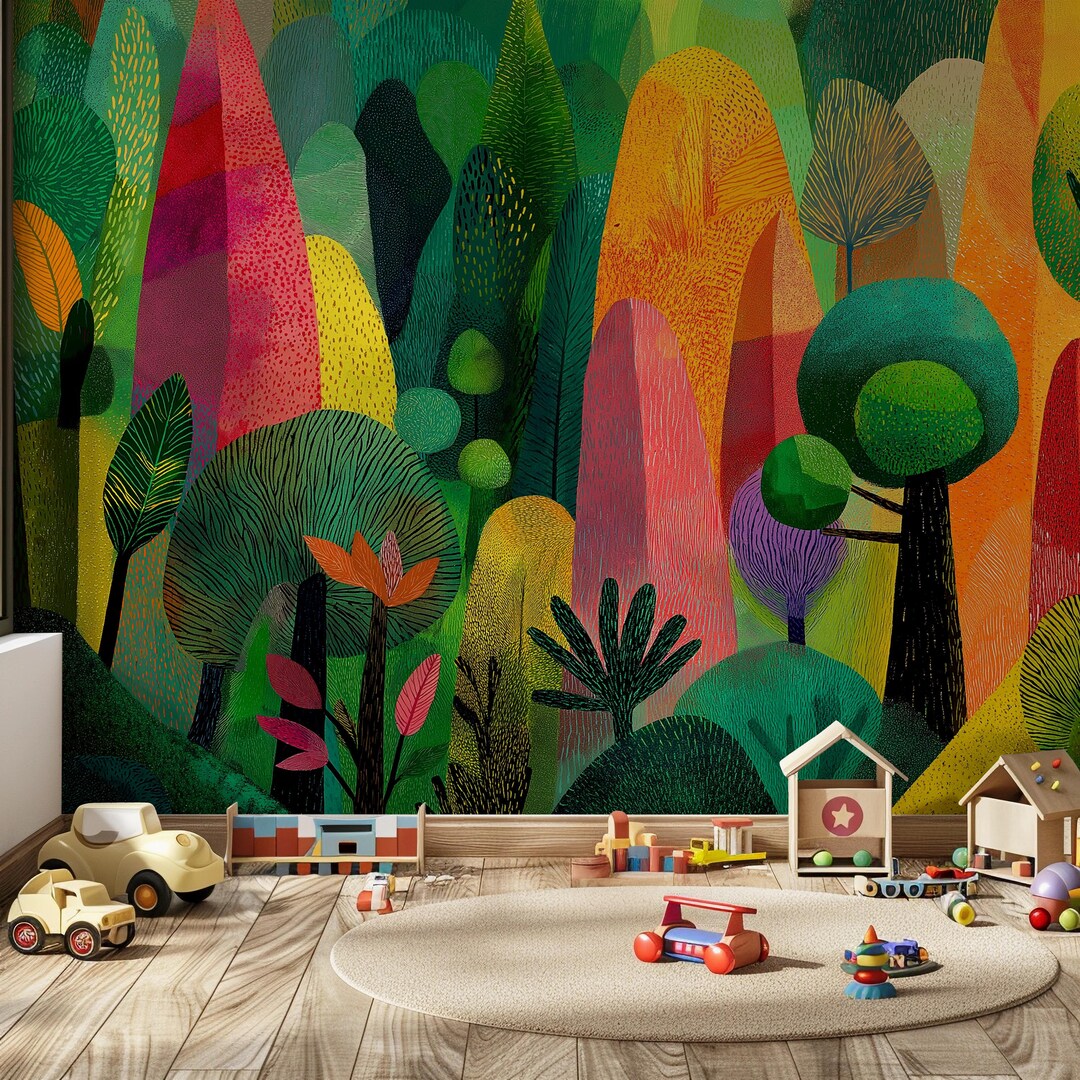 Colorful Textured Fantasy Forest Wall Mural, Lush Green Hills, Vibrant ...