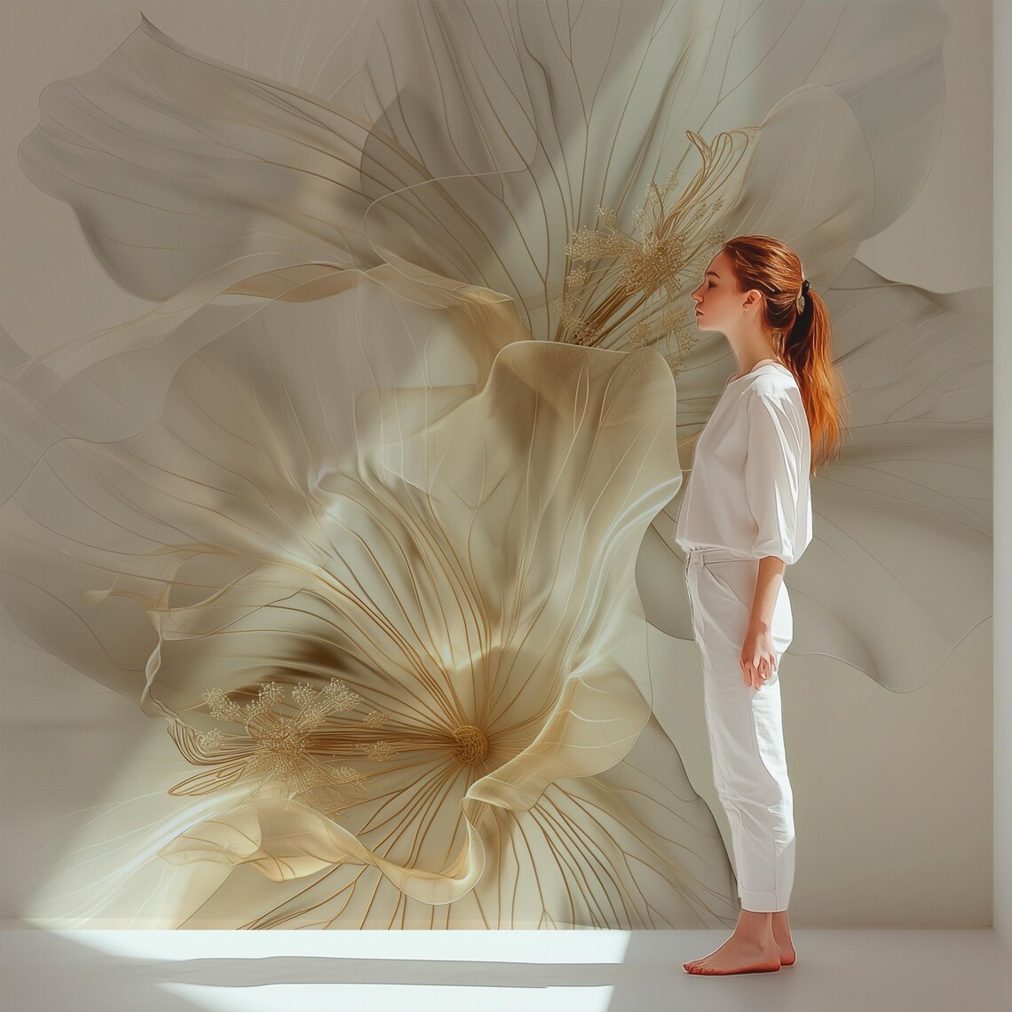 Translucent Flowers Wallpaper, Soft Beige Golden Mural, Oversized Large ...