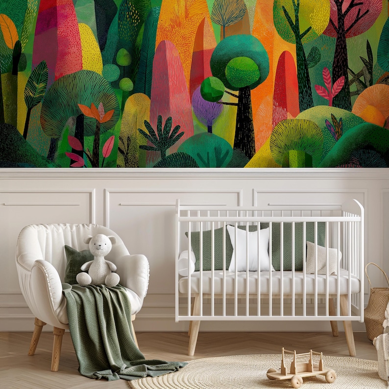 Colorful Textured Fantasy Forest Wall Mural, Lush Green Hills, Vibrant ...