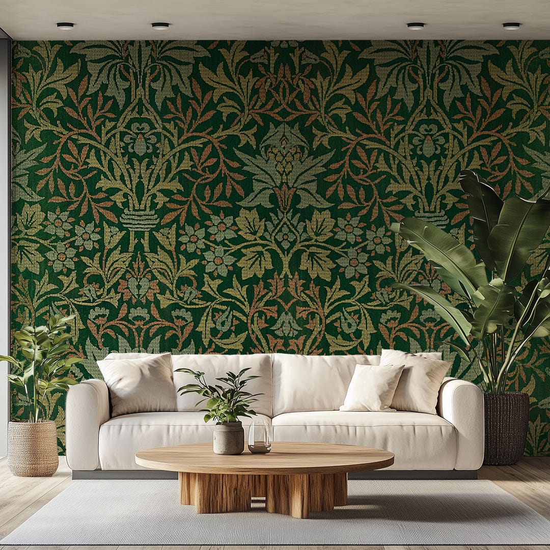 William Morris Flower Garden Wallpaper Mural, Green Victorian Botanical ...
