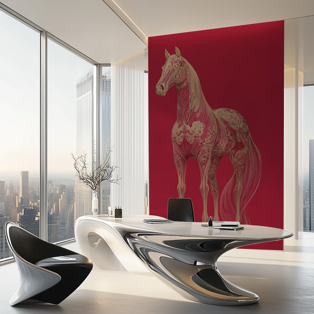 Art Deco Horse Line Engraving Wallpaper Mural in Burgundy Gold ...