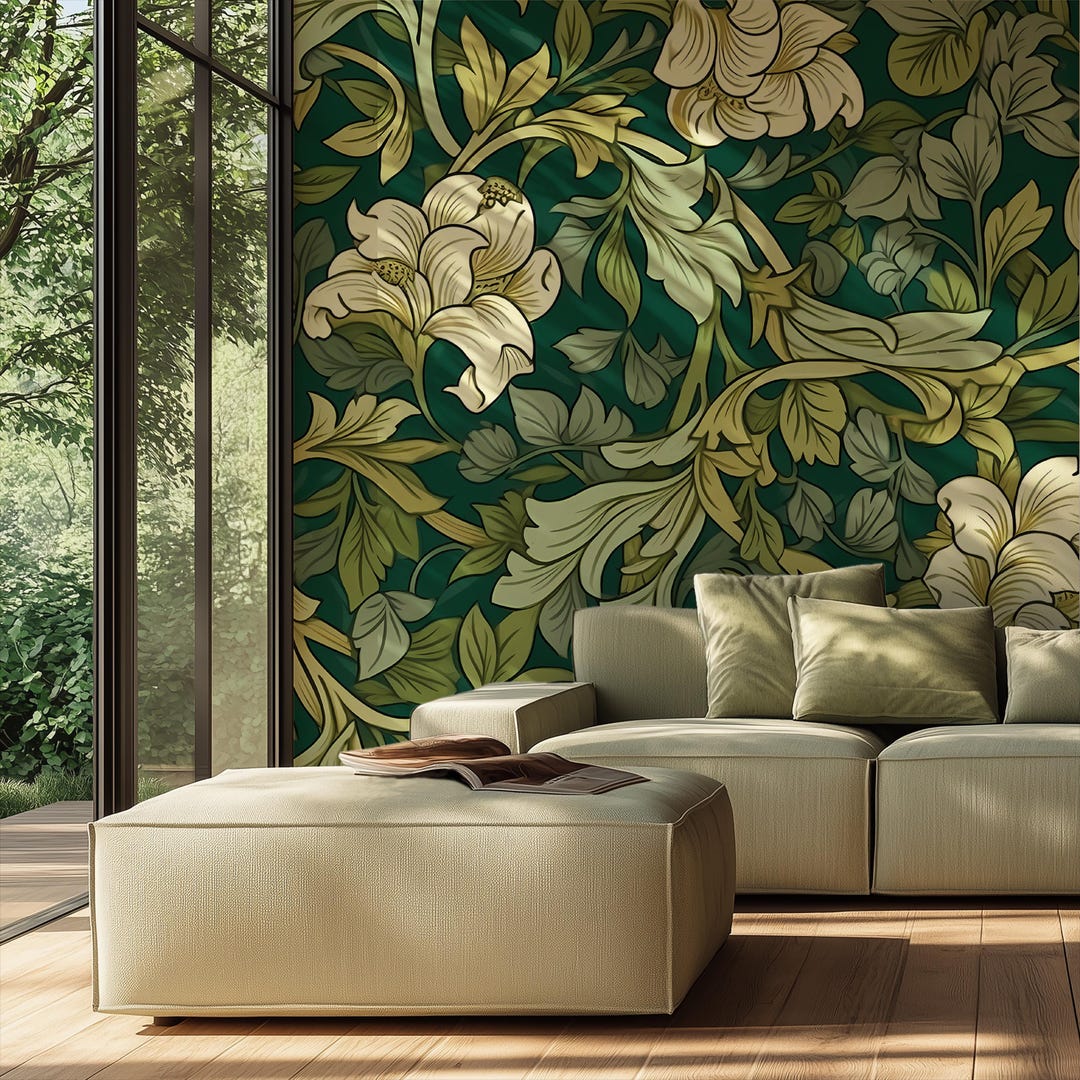 Botanical William Morris Mural, Tale Green Wallpaper, Floral Living ...
