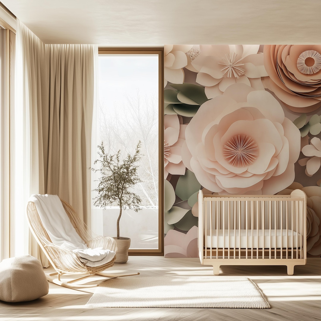Paper Flower Mural Wallpaper, 3D Floral Design, Soft Neutrals for ...