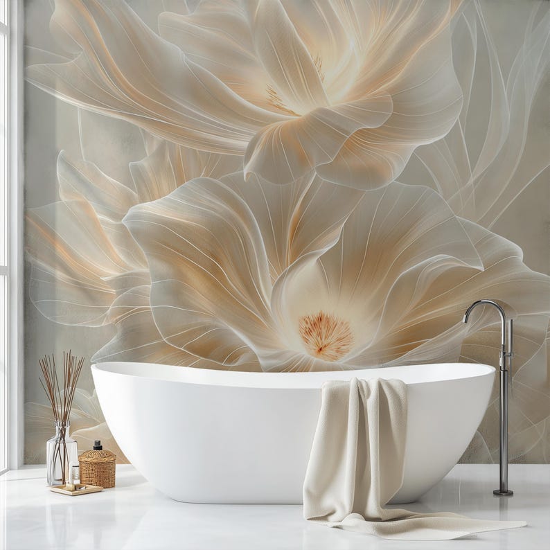 Custom Size Ivory Petal Bloom Wallpaper, Translucent Floral Wall Mural ...