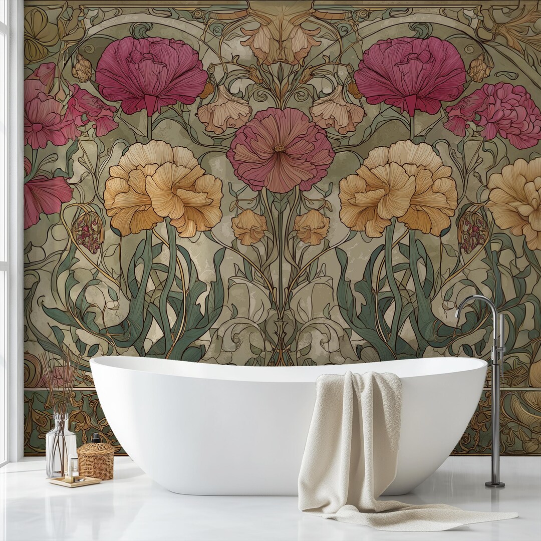Custom Size Victorian Botanical Mural, Art Deco Wallpaper, Pink Green ...