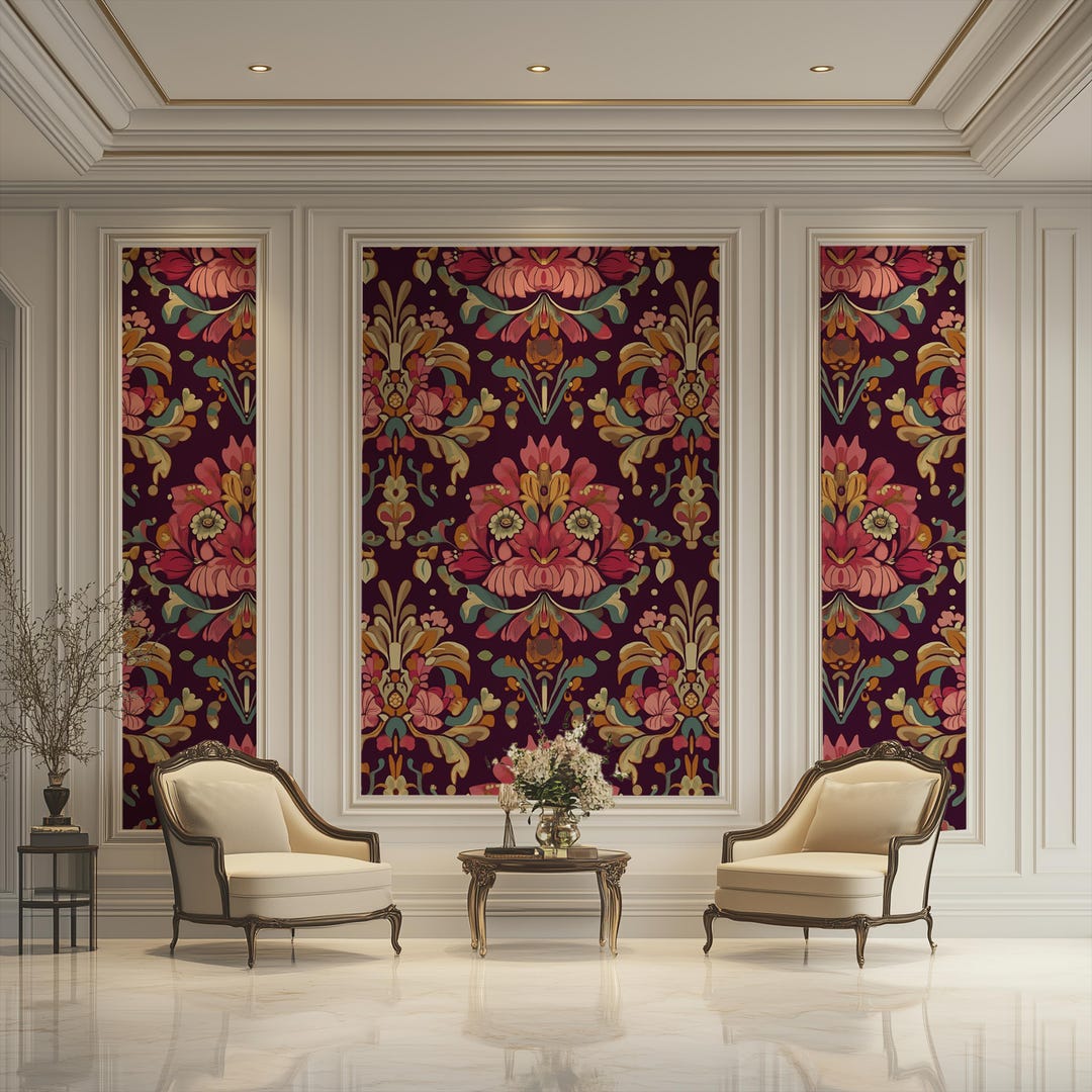 Victorian Floral Wallpaper Mural: Burgundy, Pink & Teal, Texured Canvas ...