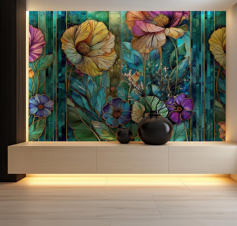 Custom Size Stained Glass Botanical Wall Mural, Blue Green Purple ...