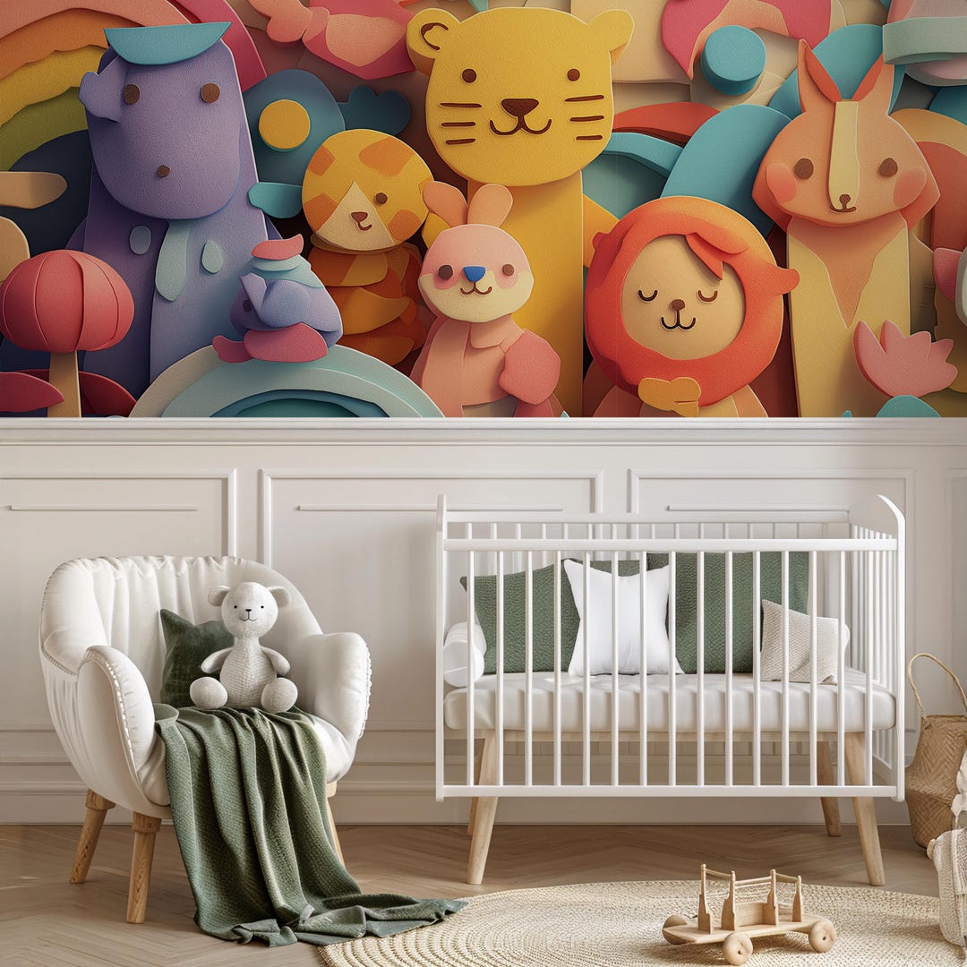 Custom Size Cute Pastel Animal Friends Mural, Paper Cutout Wall Mural ...