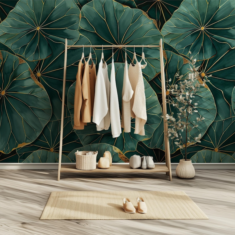 Custom Size Oversized Tropical Wall Mural, Green Gold Floral Wallpaper ...